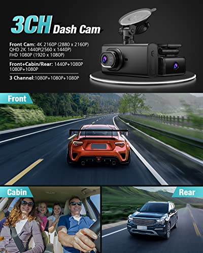 OMBAR 3 Channel Dash Cam, Built-in WiFi GPS, eMMC 64G Storage, 4K Front Dash Cam, 2K+1080P Car Camera Front and Cabin/Rear, 1080P+1080P+1080P Dashcams for Cars with 3.99" IPS Screen, IR Night Vision