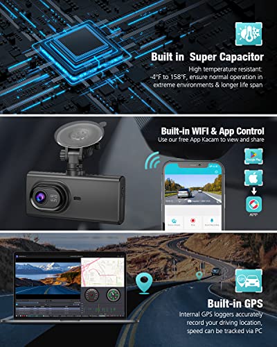 OMBAR 3 Channel Dash Cam, Built-in WiFi GPS, eMMC 64G Storage, 4K Front Dash Cam, 2K+1080P Car Camera Front and Cabin/Rear, 1080P+1080P+1080P Dashcams for Cars with 3.99" IPS Screen, IR Night Vision