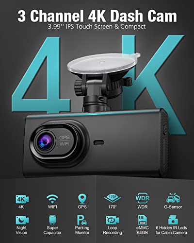 OMBAR 3 Channel Dash Cam, Built-in WiFi GPS, eMMC 64G Storage, 4K Front Dash Cam, 2K+1080P Car Camera Front and Cabin/Rear, 1080P+1080P+1080P Dashcams for Cars with 3.99" IPS Screen, IR Night Vision