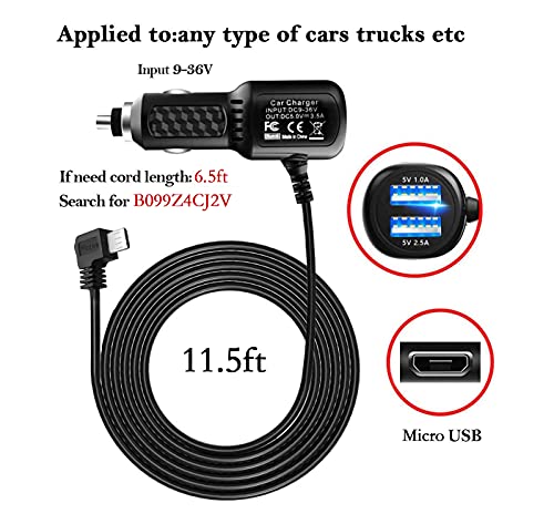 Dash Cam Charger 2023 Upgraded Micro USB Car Charger with Dual USB Port Compatible with, Rexing, Byakov, AKASO, Crosstour, Trekpow, Pruveeo, OldShark, Garmin and Most Other Dash Cam(11.5ft)