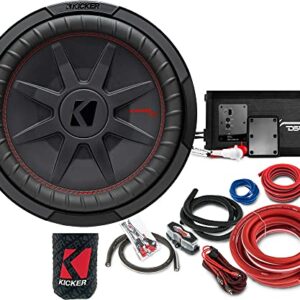 KICKER Subwoofer and Amp Package of 3 Items - 8" CompRT 600 Watt Max Sub, DS18 Class D 2-Channel Amplifier, and Complete 8AWG Wiring Kit