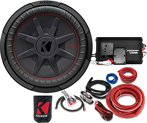 KICKER Subwoofer and Amp Package of 3 Items - 8" CompRT 600 Watt Max Sub, DS18 Class D 2-Channel Amplifier, and Complete 8AWG Wiring Kit