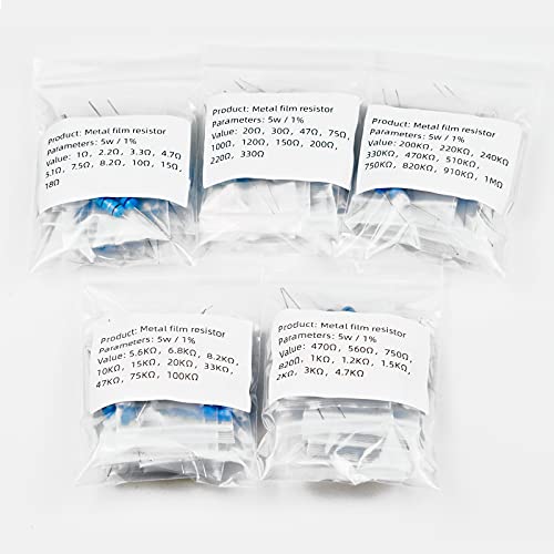 KOKISO 5W 5 Watts 100PCS 50 Value (1 ohm—1M ohm) Metal Film Resistor +/-1% Assorted Kit Assortment