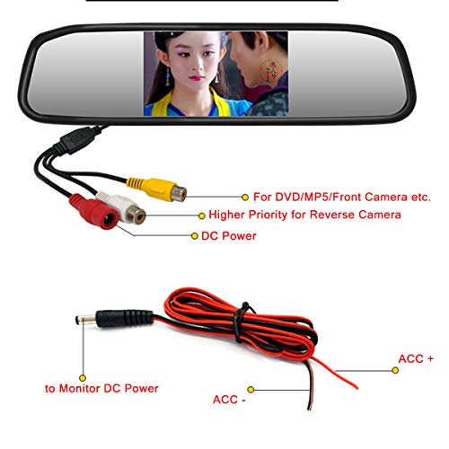 4.3 inch Car Video Monitor Auto Rear View Mirror LCD Screen 12V-24V Universal Mount Clip-On Current Mirror for Backup Camera/Front Camera/Media Player/Safety Driving 2 Ways RCA Input