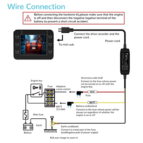 Hobele Dash Cam Acc Hardwire Kit Cable Mini USB,12-24V to 5V Step-Down Line,Low Power Protection,Can Realize 24-Hour Parking Monitoring of Cars Camera