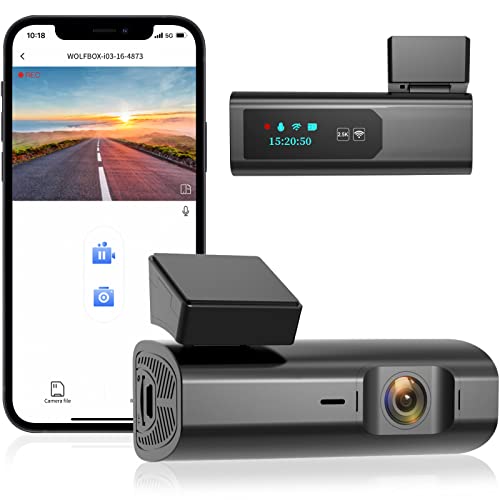 WOLFBOX 2.5K Dash Cam WiFi, 1600P Dash Camera for Cars, Full HD i03 Car Camera Front, Dashcam with Loop Recording, APP Control, Night Vision, 24 Hours Parking Monitor, Support 64GB Max