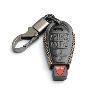 wfmj leather for chrysler town and country dodge grand caravan remote smart 7 buttons key case holder cover fob chain (black)