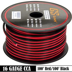 GS Power 16 Gauge Stranded Copper Clad Aluminum 100ft Red / 100ft Black Bonded Zip Cord Wire for 12 Volt Automotive Harness Car Audio Hookup Amplifier LED Light Wiring