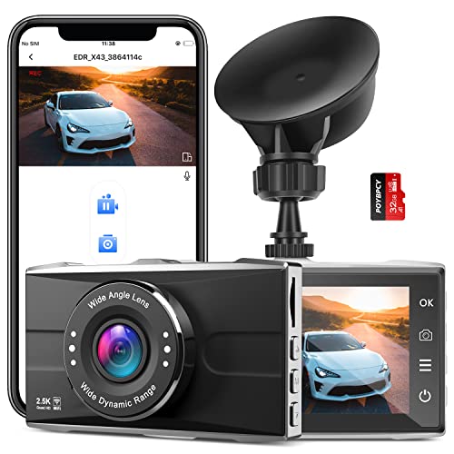 2.5K WiFi Dash Cam Front, 1440P QHD Dash Camera for Cars with Super Night Vision, Parking Mode, 3" Display, 170° View Angle, App Control, G Sensor, 32G SD Card (Max Support 128GB)