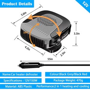 Car Heater, Portable Car Heater 12V 150W Car Windshield Defogger Fast Heating & Cooling Fan 2 in 1 Modes Fast Demisting Defroster for Cars SUV Truck and Trailer (Gray)