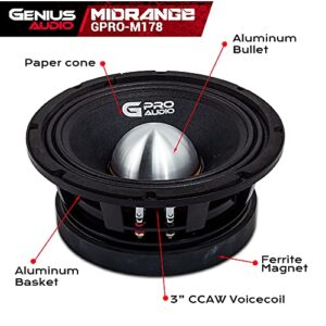 Genius Audio GPRO-M178 8", 600 Watts Max - 300 Watts RMS, High Power Pro Audio Midrange Speakers, Aluminium Bullet Car Audio Speaker, Ferrite Magnet, 4 Ohm, Reinforced Paper Cone (1 Speaker)