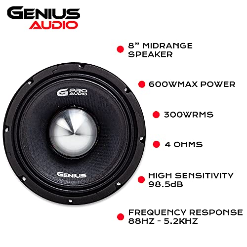 Genius Audio GPRO-M178 8", 600 Watts Max - 300 Watts RMS, High Power Pro Audio Midrange Speakers, Aluminium Bullet Car Audio Speaker, Ferrite Magnet, 4 Ohm, Reinforced Paper Cone (1 Speaker)