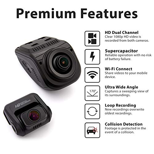 Rexing V1P 3rd Generation Dual 1080p Full HD Front and Rear 170 Degree Wide Angle Wi-Fi Car Dash Cam with Supercapacitor, 2.4" LCD Screen, G-Sensor, Loop Recording, Mobile App