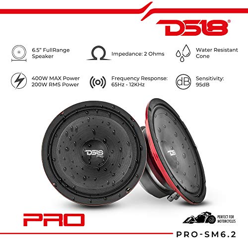 DS18 PRO-SM6.2 Slim Loudspeaker - 6.5", Midrange, Red Steel Basket, 400W Max Power, 200W RMS, 2 Ohms - Premium Quality Audio Speakers - IP66 Water Resistance, Perfect for Motorcycle Applications