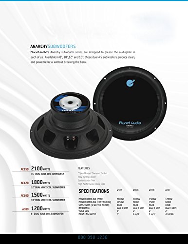 Planet Audio AC15D Car Subwoofer - 2100 Watts Maximum Power, 15 Inch, Dual 4 Ohm Voice Coil, Easy Mounting, Sold Individually