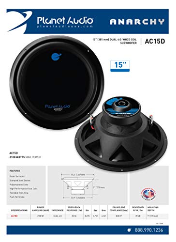 Planet Audio AC15D Car Subwoofer - 2100 Watts Maximum Power, 15 Inch, Dual 4 Ohm Voice Coil, Easy Mounting, Sold Individually