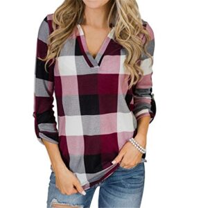 andongnywell women lace long sleeve casual plaid v-neck loose irregular hem shirt top costume blouse tunics shirts (wine red,1,small)