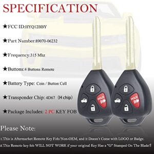 Key Fob Remote Replacement Fits for Toyota Camry 2007 2008 2009 2010 2011/Corolla 2009-2010 HYQ12BBY Keyless Entry Remote Control 89070-06232(Pack of 2)