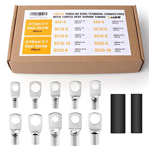 Zhushan 100Pcs Tinned Copper Wire Lugs Kit, Heavy Duty Wire Battery Lugs Cable with 120pcs Heat Shrink Tube,Crimp Battery Cable Ends Tinned,Tubular SC Ring Terminals Connectors