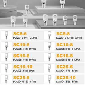 Zhushan 100Pcs Tinned Copper Wire Lugs Kit, Heavy Duty Wire Battery Lugs Cable with 120pcs Heat Shrink Tube,Crimp Battery Cable Ends Tinned,Tubular SC Ring Terminals Connectors