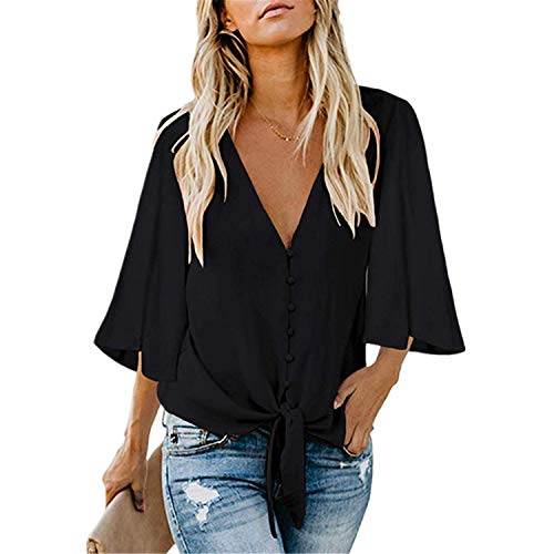 Andongnywell Women's Solid Color Tops 3/4 Sleeve Tops V Neck Casual Loose Womens Tops and Blouses Tunics (Black,1,Small)