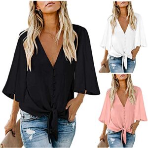 Andongnywell Women's Solid Color Tops 3/4 Sleeve Tops V Neck Casual Loose Womens Tops and Blouses Tunics (Black,1,Small)