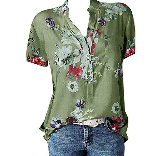 Andongnywell Women's Fashion Casual Floral Print V Neck Tops Short Sleeve T-Shirt Printed Blouse Tunics (Green,6,3X-Large)