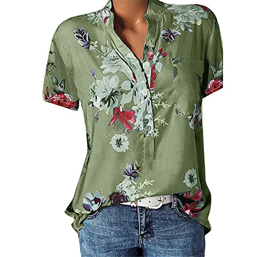 Andongnywell Women's Fashion Casual Floral Print V Neck Tops Short Sleeve T-Shirt Printed Blouse Tunics (Green,6,3X-Large)