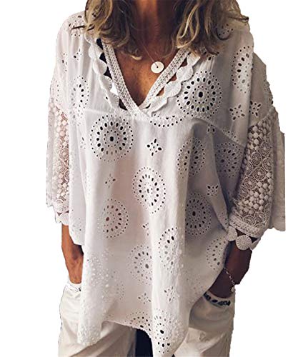 Andongnywell Women's Casual Solid Color V Neck Lace Crochet Bell Sleeve Shirts Tops Loose Blousess (White,8,5X-Large)