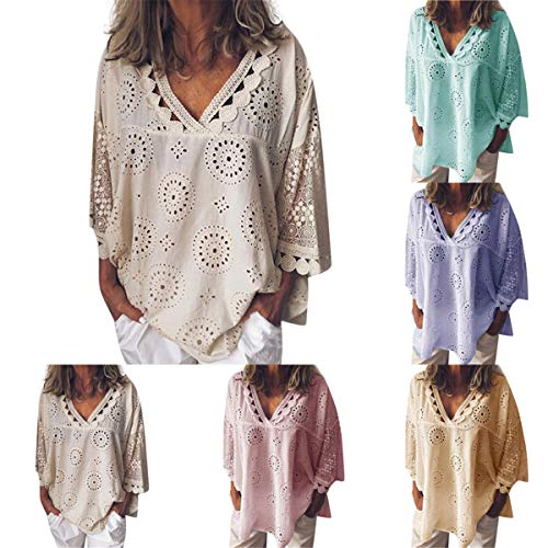 Andongnywell Women's Casual Solid Color V Neck Lace Crochet Bell Sleeve Shirts Tops Loose Blousess (White,8,5X-Large)