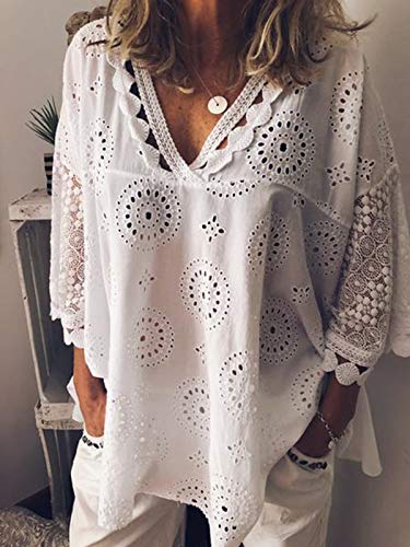 Andongnywell Women's Casual Solid Color V Neck Lace Crochet Bell Sleeve Shirts Tops Loose Blousess (White,8,5X-Large)