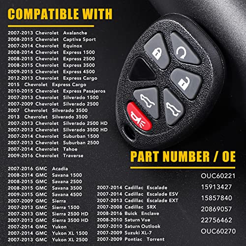 Key Fob Replacement Fits for 2007-2016 Chevy Silverado Suburban Tahoe Avalanche Equinox Express Traverse GMC Sierra Yukon Acadia Savana Cadillac Escalade Buick Enclave Saturn Vue Outlook, 6 Btn Set 2