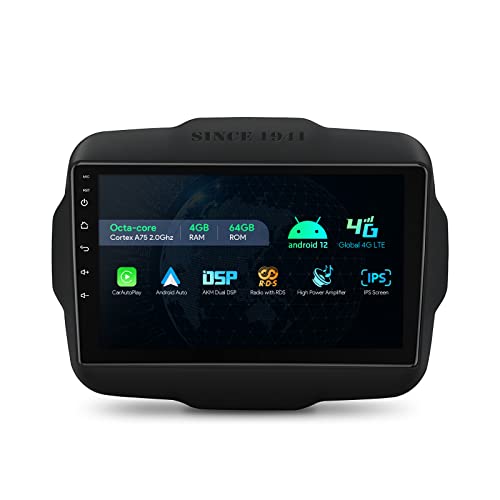 XTRONS Android 12 Car Stereo Radio Player 9 Inch IPS Touch Screen GPS Navigation Octa Core 4GB RAM 64GB ROM Bluetooth Head Unit 5GHz WiFi 4G LTE Built-in DSP Car Play Android Auto for Jeep Renegade