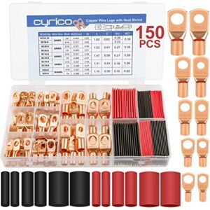 150pcs battery cable ends, copper wire lugs assortment kit awg 2 4 6 8 10 gauge – 70pcs battery cable lugs ring wire terminal connectors and 80pcs heat shrink tubing kit for marine electrical supplies