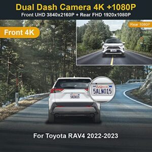 Fitcamx 4K Front and Rear Dash Cam Suitable for Toyota RAV4 2022 2023 LE Limited SE Adventure XLE XSE Gen5 (Model B), OEM Style, Dual 2160P+1080P HD Video, Loop Recording WiFi, G-Sensor, 128GB Card