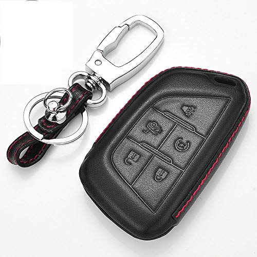 Royalfox(TM) for cadillac new blade shape key, 5 buttons leather full protection keyless remote smart Key Fob case Cover keychain For 2020 2021 cadillac ct5 CT4-V Chevrolet Corvette C8 (leather black)