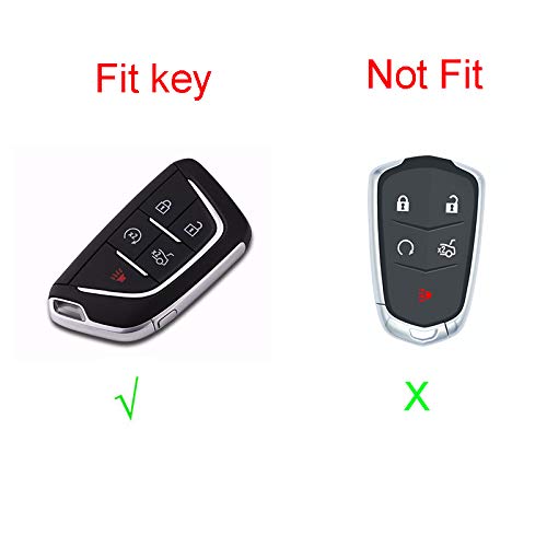 Royalfox(TM) for cadillac new blade shape key, 5 buttons leather full protection keyless remote smart Key Fob case Cover keychain For 2020 2021 cadillac ct5 CT4-V Chevrolet Corvette C8 (leather black)