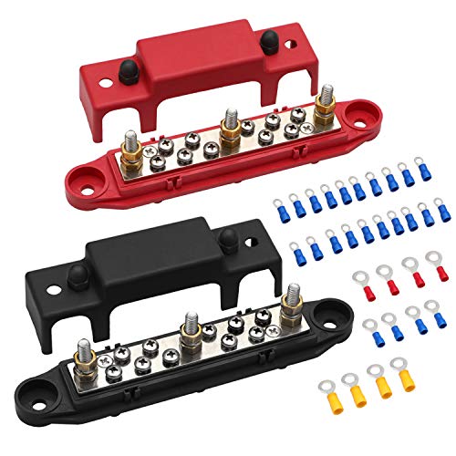 Mofeez Bus Bar -3x1/4”Post,10x#8 Screw Terminal Power Distribution Block with Ring Terminals(Pair - Red & Black)