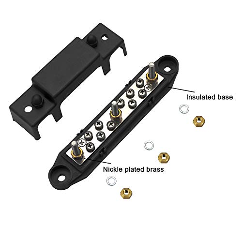 Mofeez Bus Bar -3x1/4”Post,10x#8 Screw Terminal Power Distribution Block with Ring Terminals(Pair - Red & Black)