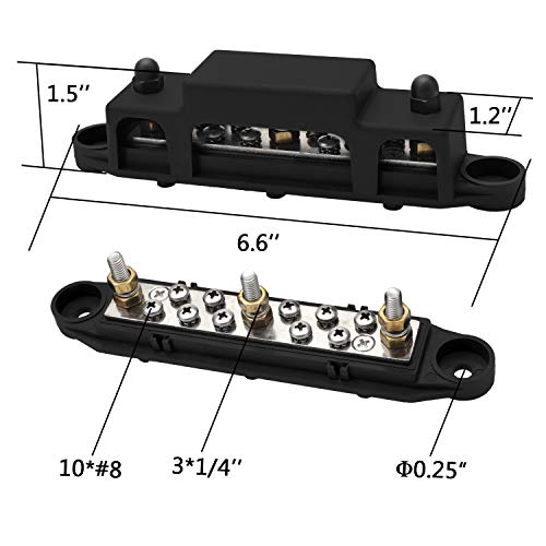 Mofeez Bus Bar -3x1/4”Post,10x#8 Screw Terminal Power Distribution Block with Ring Terminals(Pair - Red & Black)