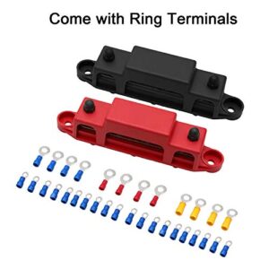 Mofeez Bus Bar -3x1/4”Post,10x#8 Screw Terminal Power Distribution Block with Ring Terminals(Pair - Red & Black)