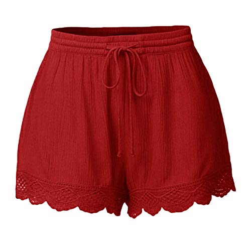 Andongnywell Women's Elasticated Waist Lacing Sport Shorts Solid Color Casual Lace Lounge Short Pants (Red Wine,Large)