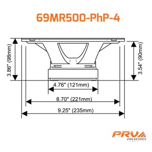 PRV AUDIO 6x9 Inch Midrange Speaker 69MR500-PhP-4 500 Watts Program Power, 4 Ohm, 1.5 in Voice Coil, 250 Watts RMS Pro Car Audio Loudspeaker (Single)