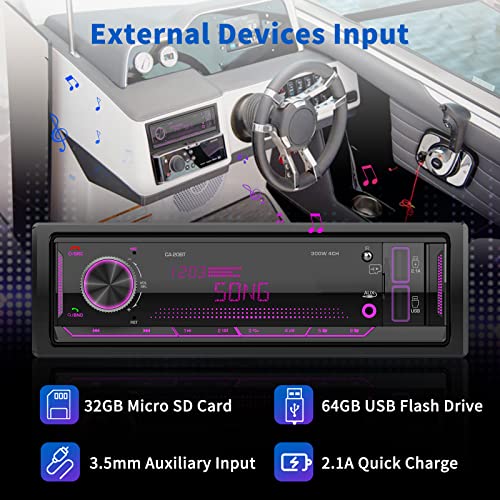 Single Din Car Stereo Receiver: Bluetooth Car Radio System - Marine Audio with LCD Display | FM AM | USB SD AUX MP3 | APP Remote | 2.1A Quick Charge