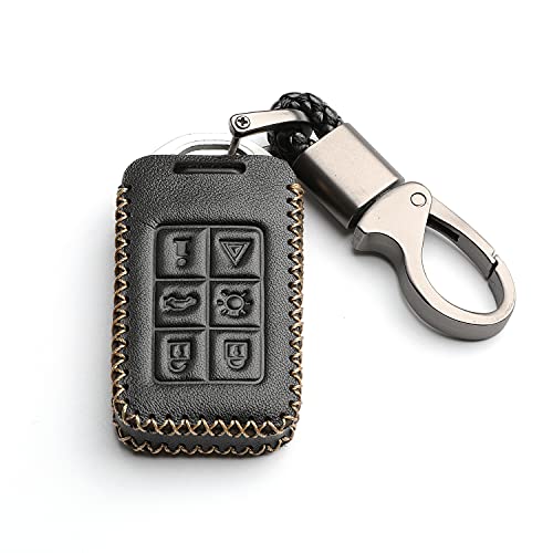 WFMJ Leather for Volvo S60 S80 V40 V60 V70 XC60 XC70 Remote Smart 6 Buttons Key Case Holder Cover Fob Chain (Black)