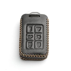 WFMJ Leather for Volvo S60 S80 V40 V60 V70 XC60 XC70 Remote Smart 6 Buttons Key Case Holder Cover Fob Chain (Black)