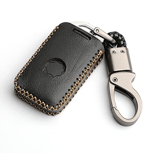 WFMJ Leather for Volvo S60 S80 V40 V60 V70 XC60 XC70 Remote Smart 6 Buttons Key Case Holder Cover Fob Chain (Black)