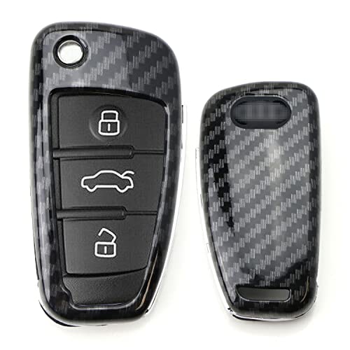 iJDMTOY Exact Fit Black Glossy Carbon Fiber Finish Key Fob Shell Compatible with Audi A3 S3 A4 S4 A6 Q5 Q7 TT R8 Flip Blade Key