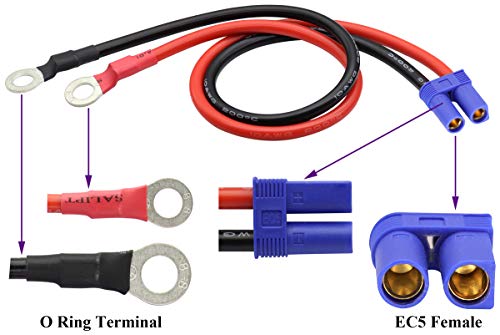 AAOTOKK EC5 to O Ring Terminal Cable,EC5 Female to O Ring Eyelet Terminal Plug Connector Cable 10AWG RC ESC Charger Side Power(40cm/15inch)