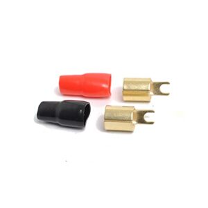 VOSAREA 2 Pairs Connectors Adapters Crimp Barrier Spades Copper Gold Plated 0 Gauge Spade Terminal Crimp for Speaker Wire Cable Terminal Plug- 0GA (Red and Black)